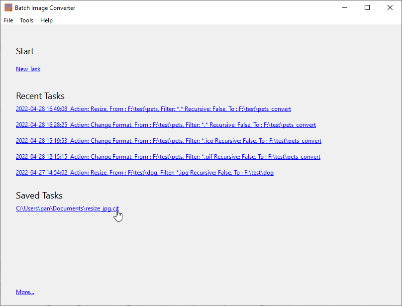 Batch Convert Image Files - Save/Load session to repeat task