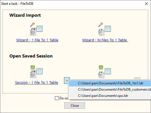 Import data from files to databases - Save/Load session to repeat task