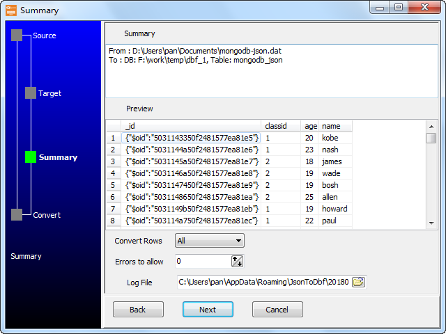 Import data into dBase from MongoDB exported JSON