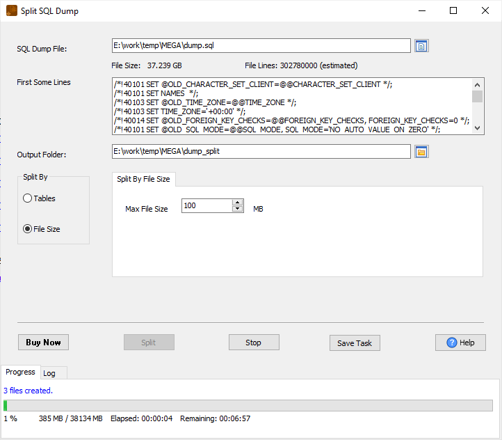 Split large SQL dump file into smaller SQL files Split large SQL dump file into smaller SQL files